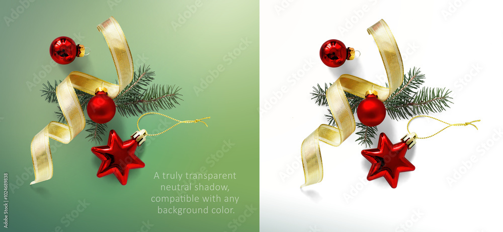 Christmas composition with Isolated Christmas gold ribbon and red ...