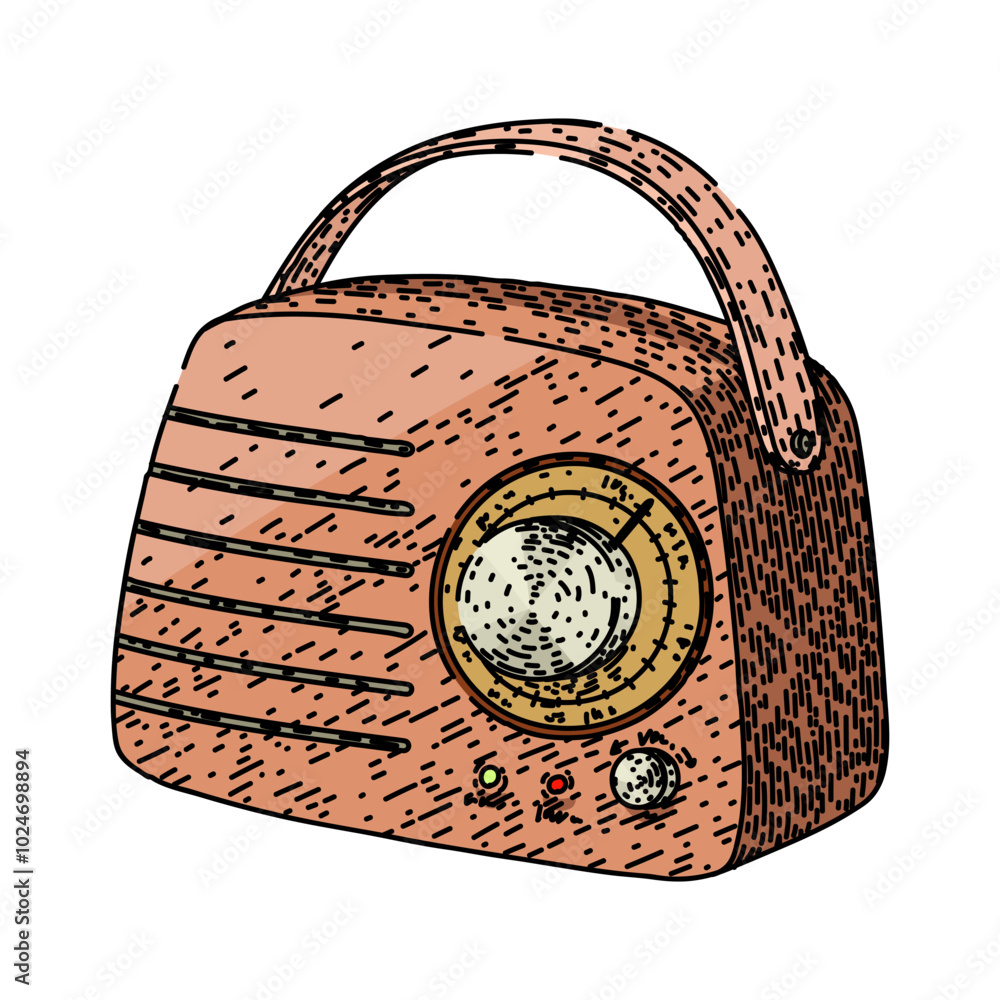 broadcast retro radio hand drawn. transistor dial, antenna receiver ...
