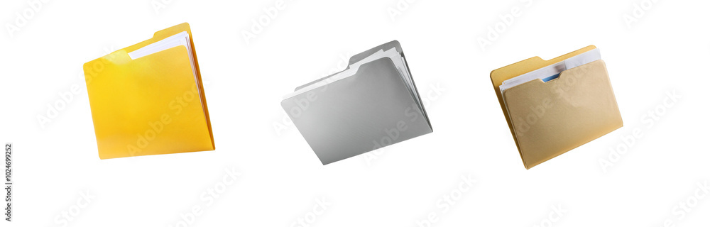 Three folders of different colors are shown closed with white papers ...