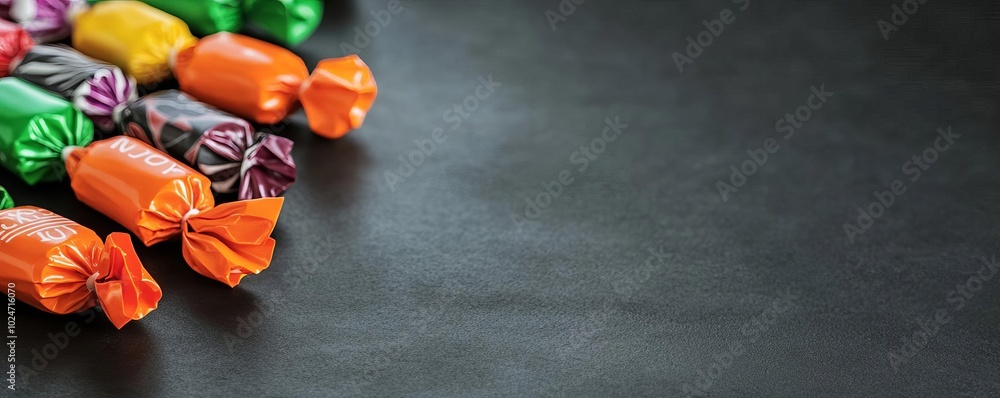 Spooky-themed candy wrappers on a dark table, with fog effects ...