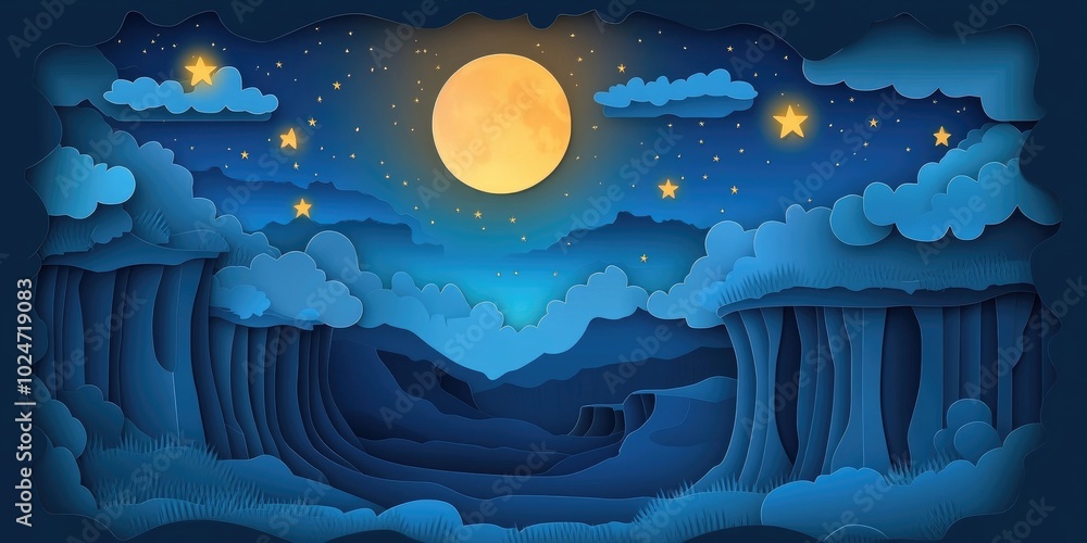 Starry night sky over a cliff illuminated by moonlight, Moonlit cliff ...