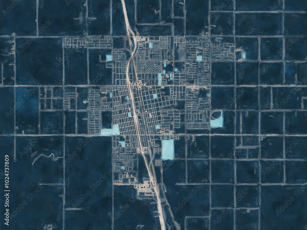 Painterly Style City Map of Delano California, USA in a Blue Color ...