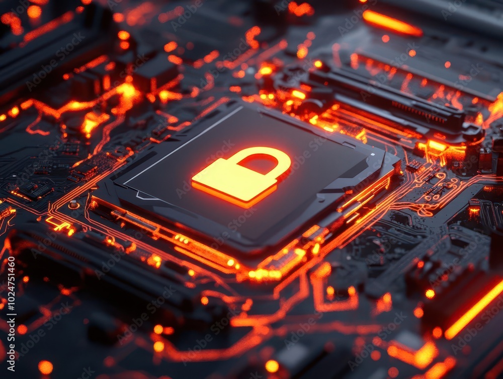 cybersecurity concept featuring a close-up of a computer motherboard ...