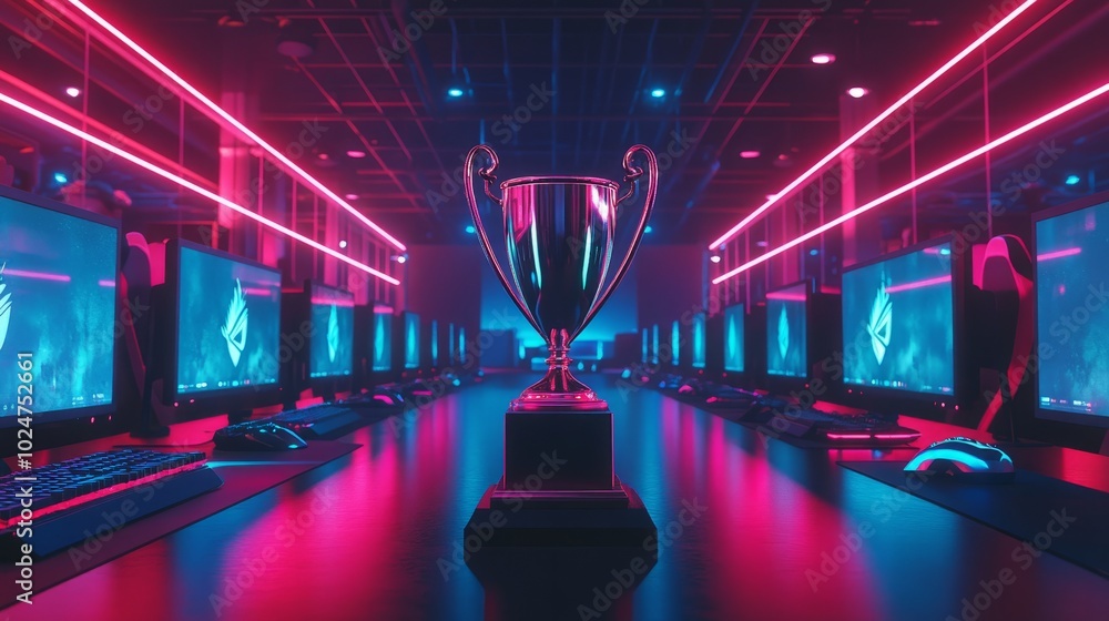 The esports trophy shines at the center of a championship arena, two ...
