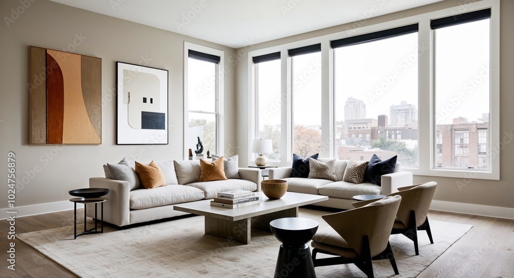 Stylish living room with large windows a neutral color palette and ...