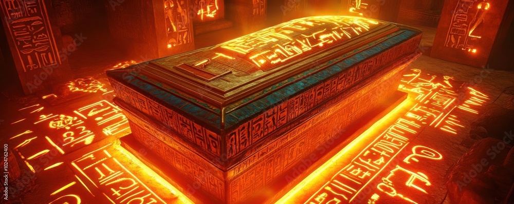 Pharaoh s sarcophagus surrounded by glowing hieroglyphs, Ancient Egypt, burial ritual, ancient ...
