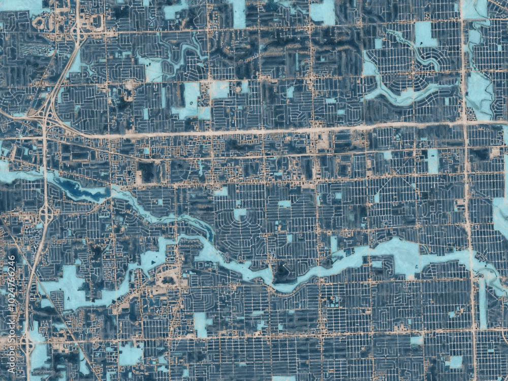 Painterly Style City Map of Livonia Michigan, USA in a Blue Color ...