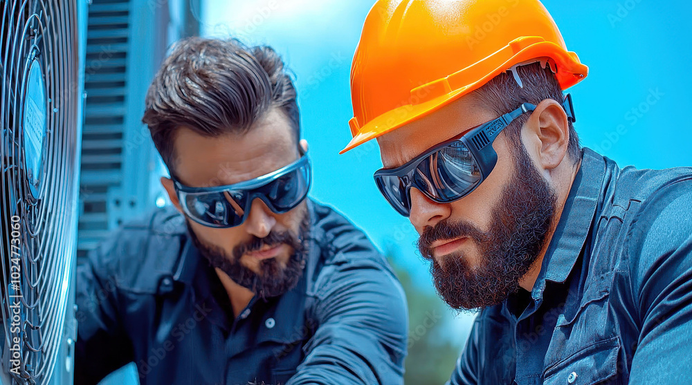 Two engineers wearing hard hats and safety glasses inspecting a large ...