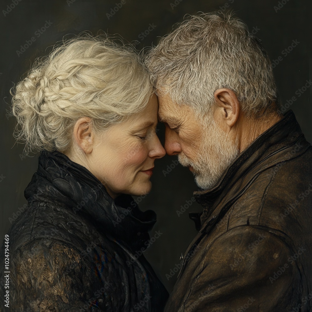 An older man and woman lean their foreheads together, sharing a ...