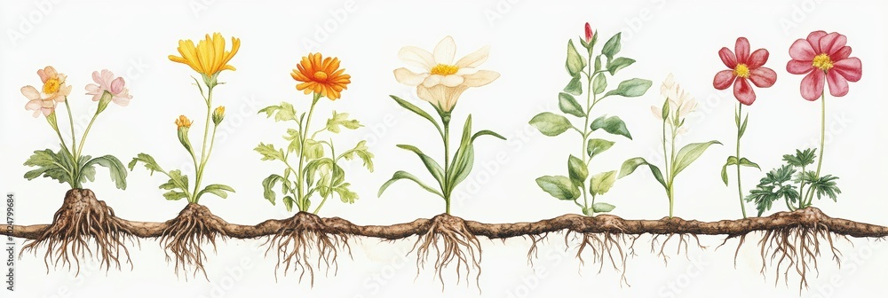 Flowering Plant Structure, detailed illustration of roots, stem, leaves ...