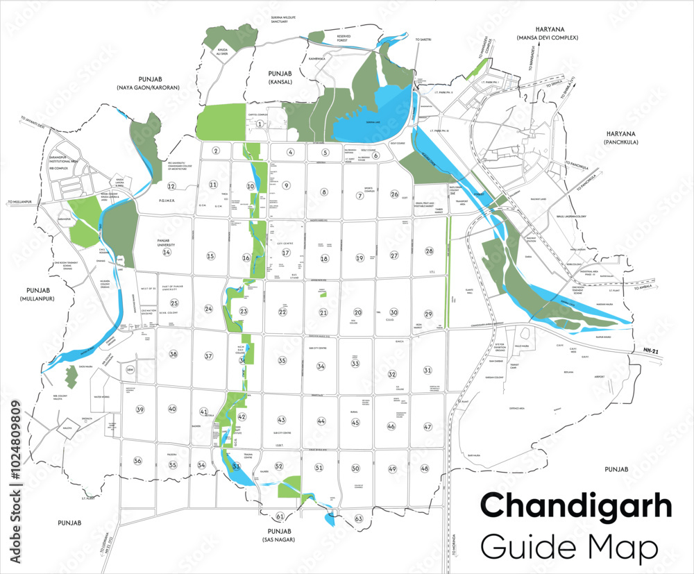 Chandigarh detaileed guide map vector. Capital of punjab and haryana ...