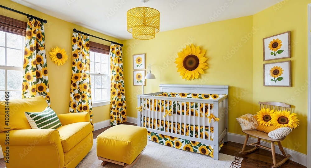 Sunflower themed room with yellow decor a crib with sunflower patterns ...
