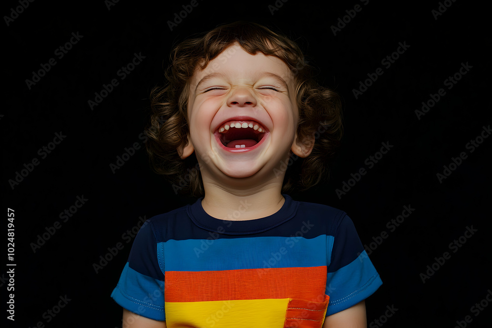 Young boy with curly hair captured in a moment of happiness, laughing ...