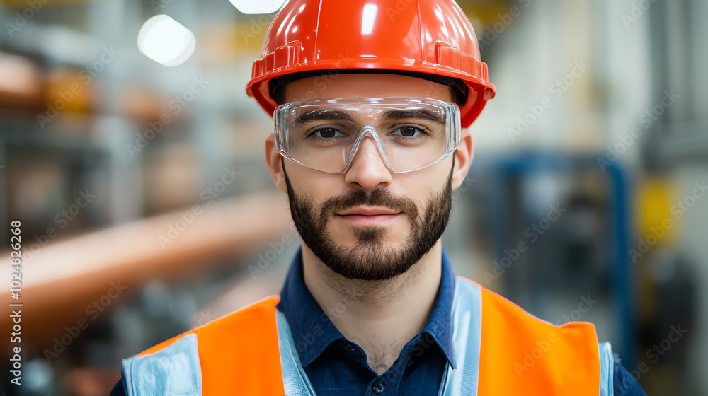 Portrait of a young male construction worker wearing a safety helmet and goggles, looking ...