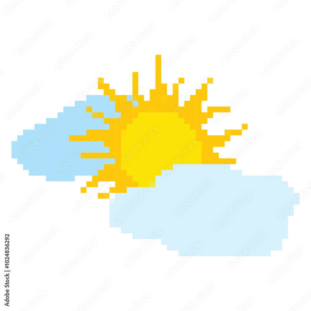 Pixelated sun with jagged rays. Bright yellow sun with retro design ...