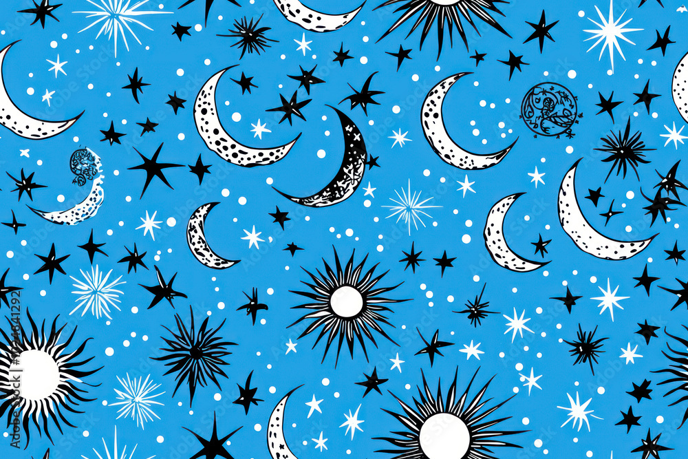 Seamless black and white space pattern with sun, crescent and stars on ...