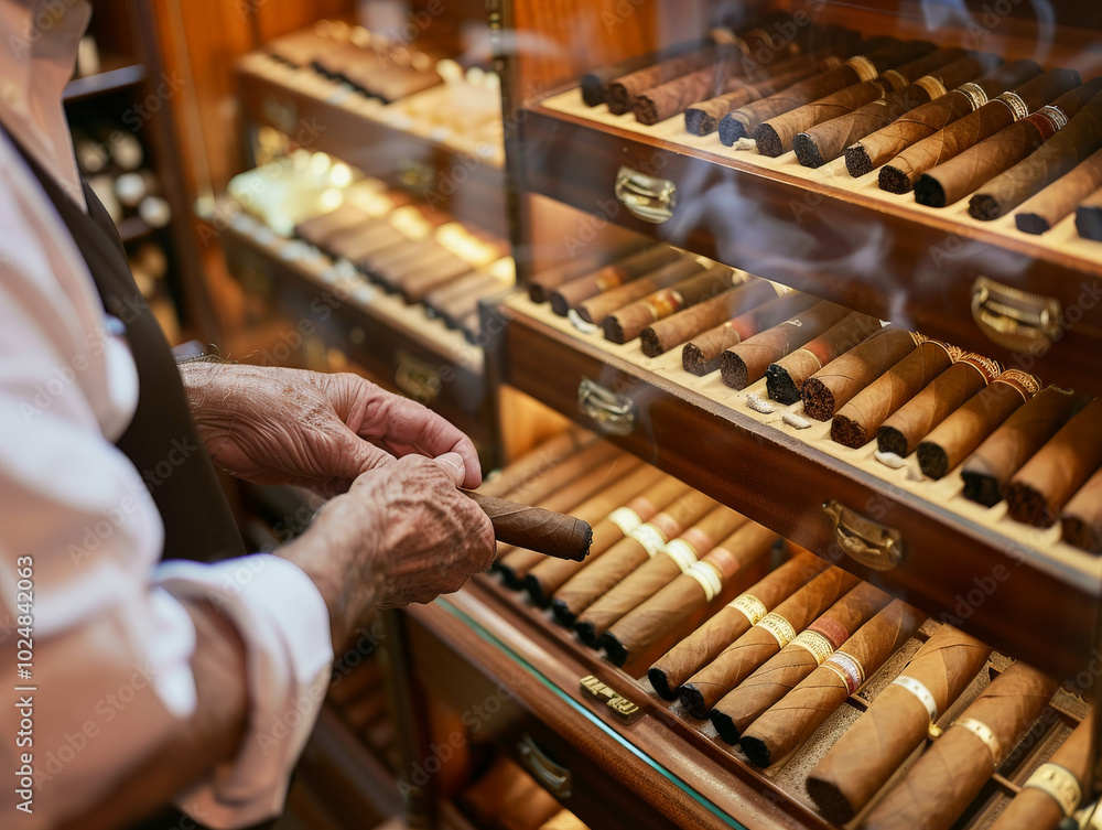 A person carefully selecting cigars in humidor, surrounded by variety ...