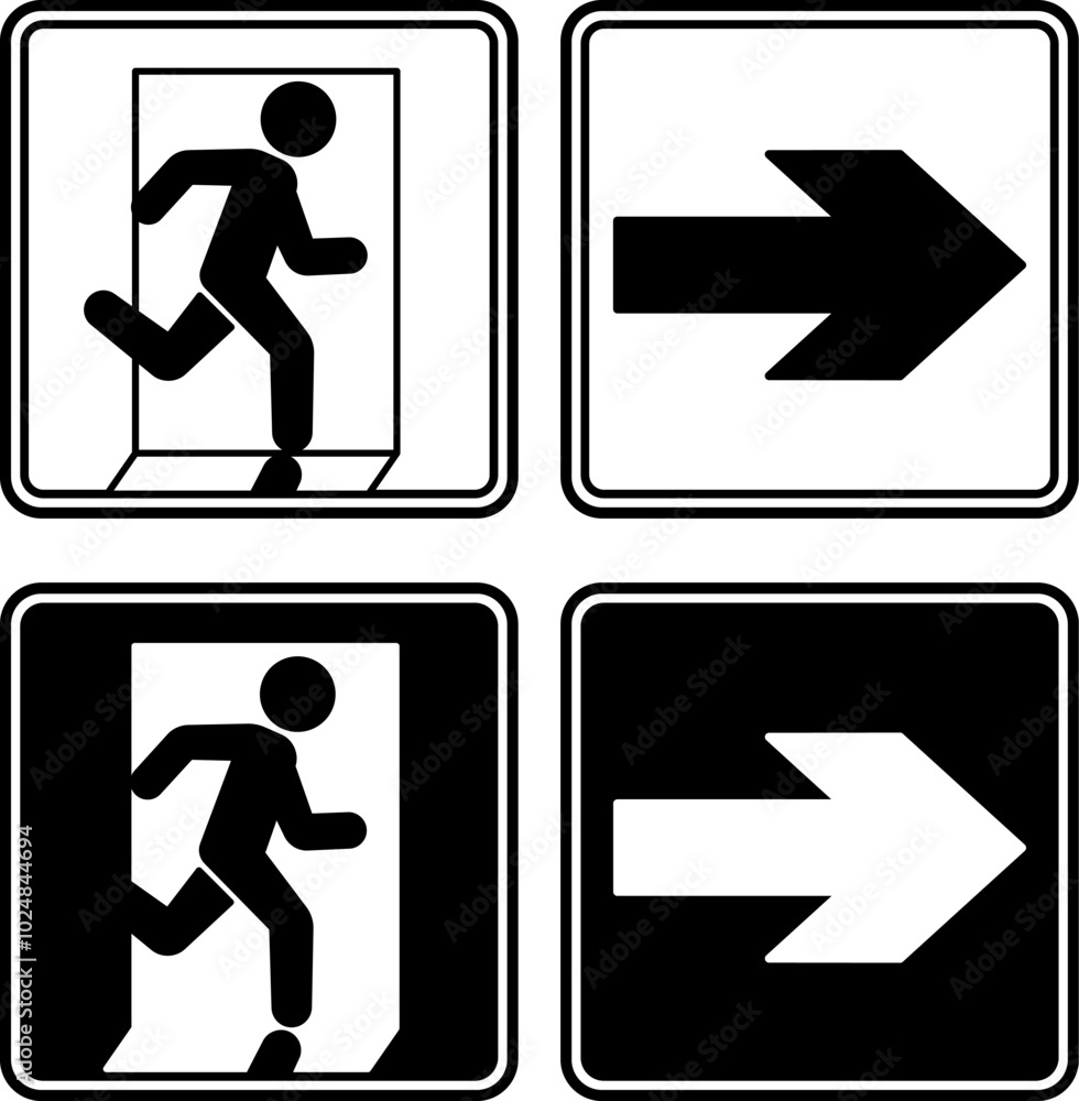 Signs Emergency Exit Pointing Right. Black And White Vector Icons ...