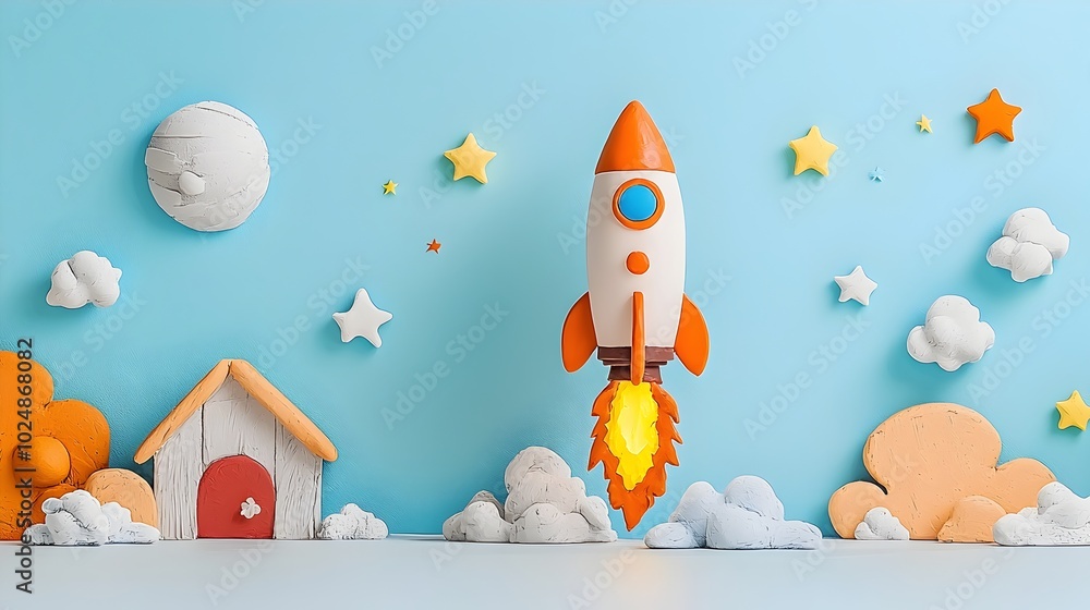 Visually striking 3D clay rocket blasting off into a starry colorful ...