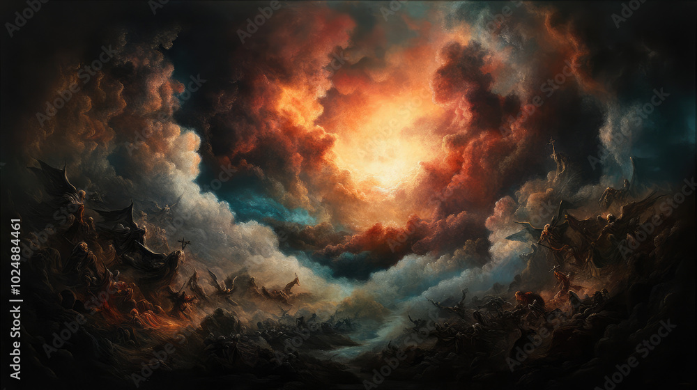 God victory over the devil depicted in a celestial setting, where ...