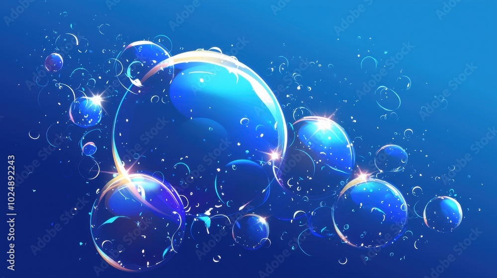 Blue oxygen bubbles in sparkling water, 3D realistic fizz effect, effervescent bubbles floating ...