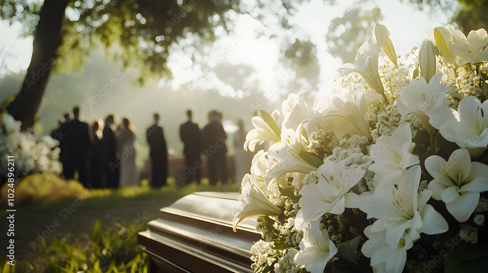 solemn funeral close-up wooden casket white flowers lilies carnations ...