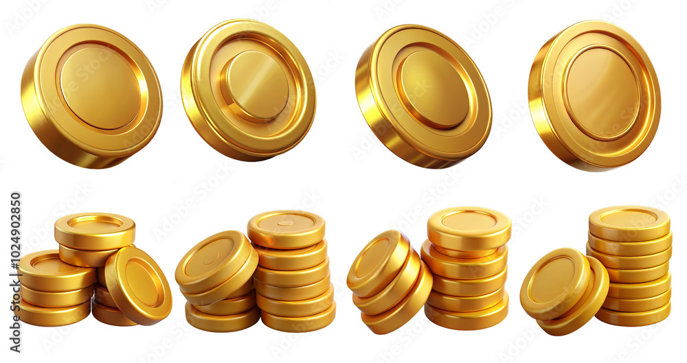 3d render set of gold coin isolated on transparent background Cartoon ...