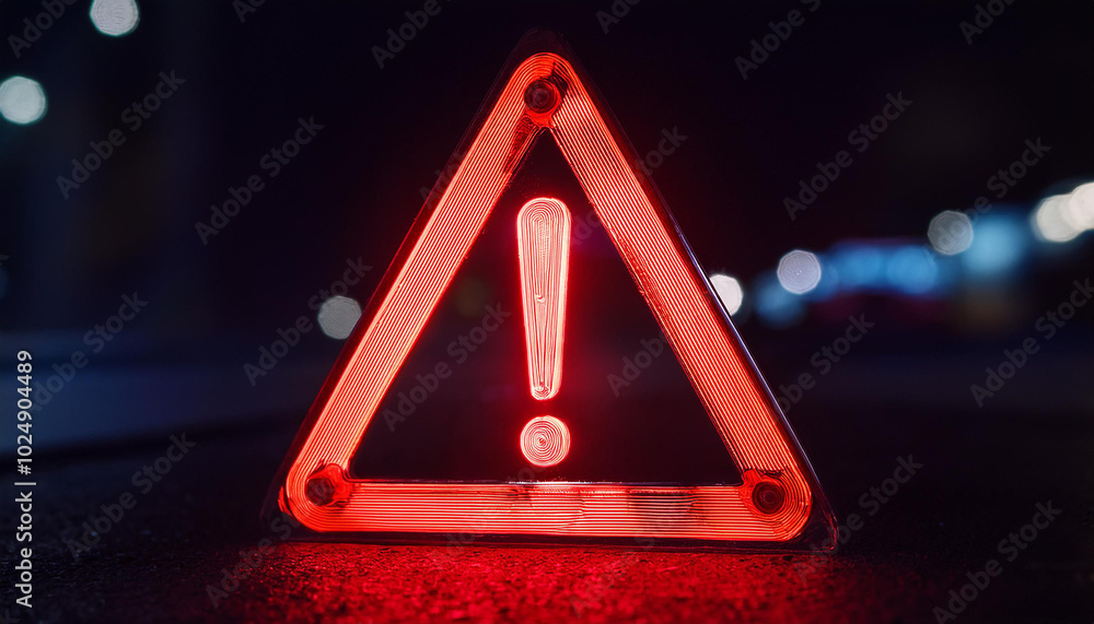 Glowing neon red triangle sign with exclamation point on dark. Warning ...