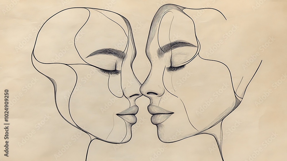 Line art portrait of two faces side-by-side, overlapping continuous ...
