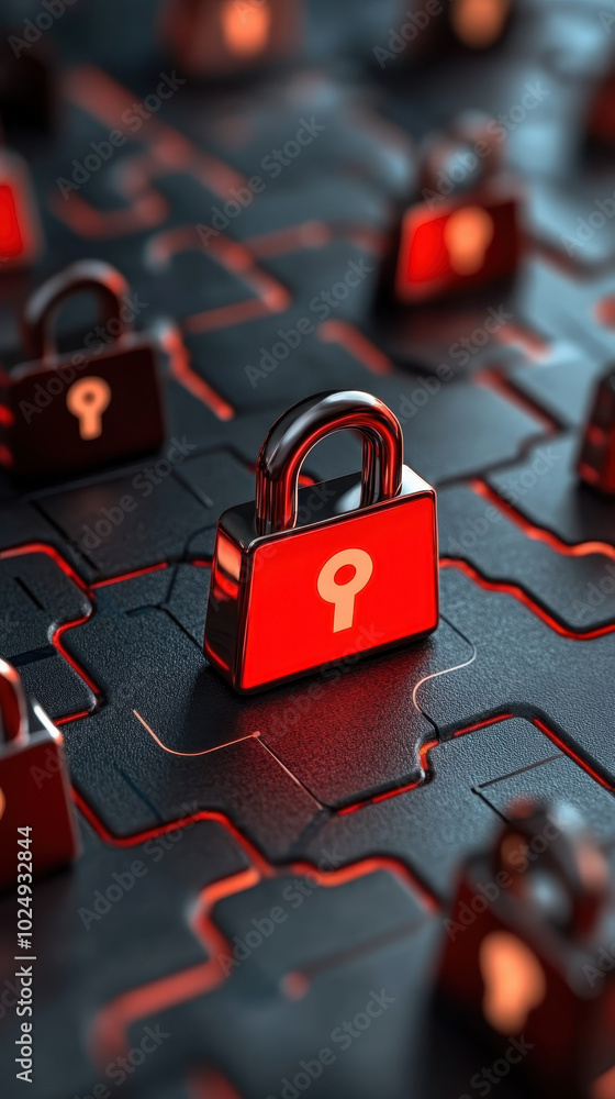Digital Representation Of Security With Red Locks On Circuit Like Background Symbolizing