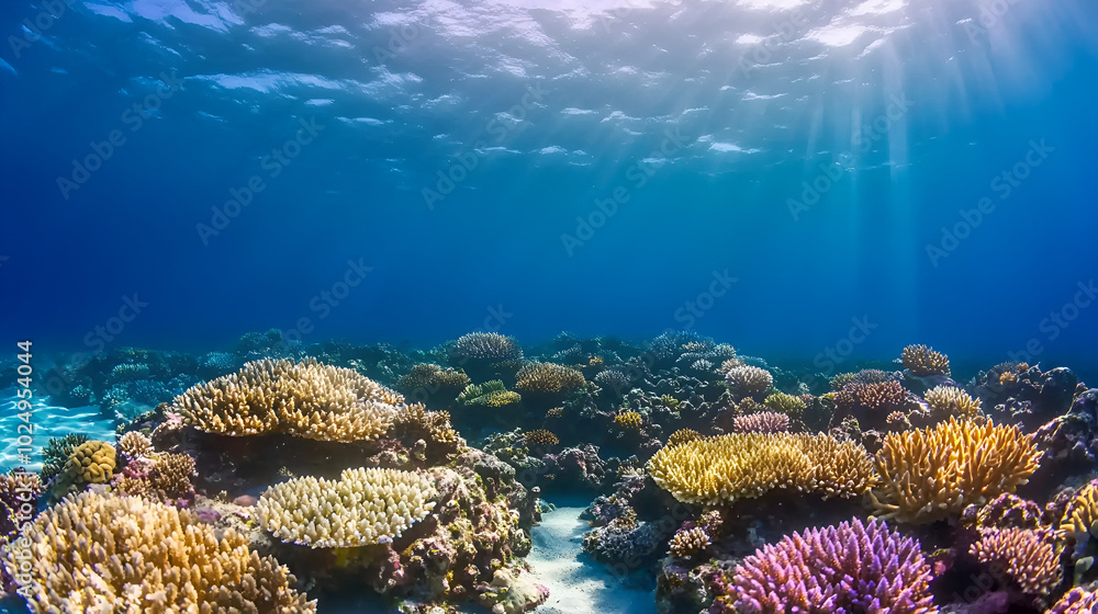 Submerged coral reef scene foundation within the profound blue sea with ...