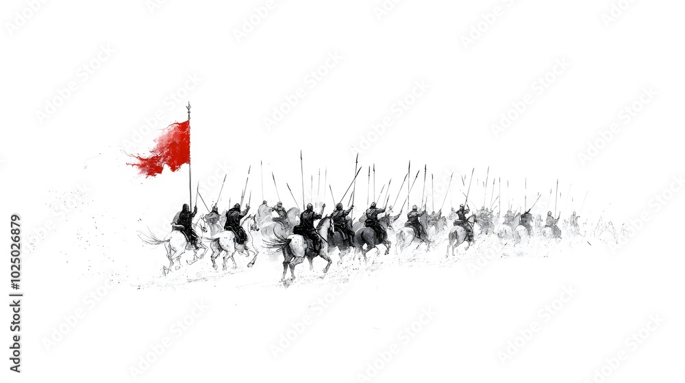 Dramatic black line drawing depicting a cavalry charge with horses ...