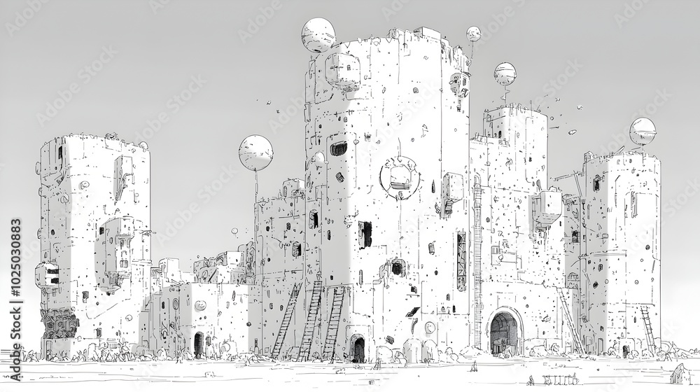 Illustrated black and white line drawing of an ancient medieval city ...