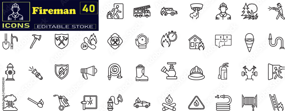 Firefighter icon set. Containing fireman, fire truck, hose, fire ...