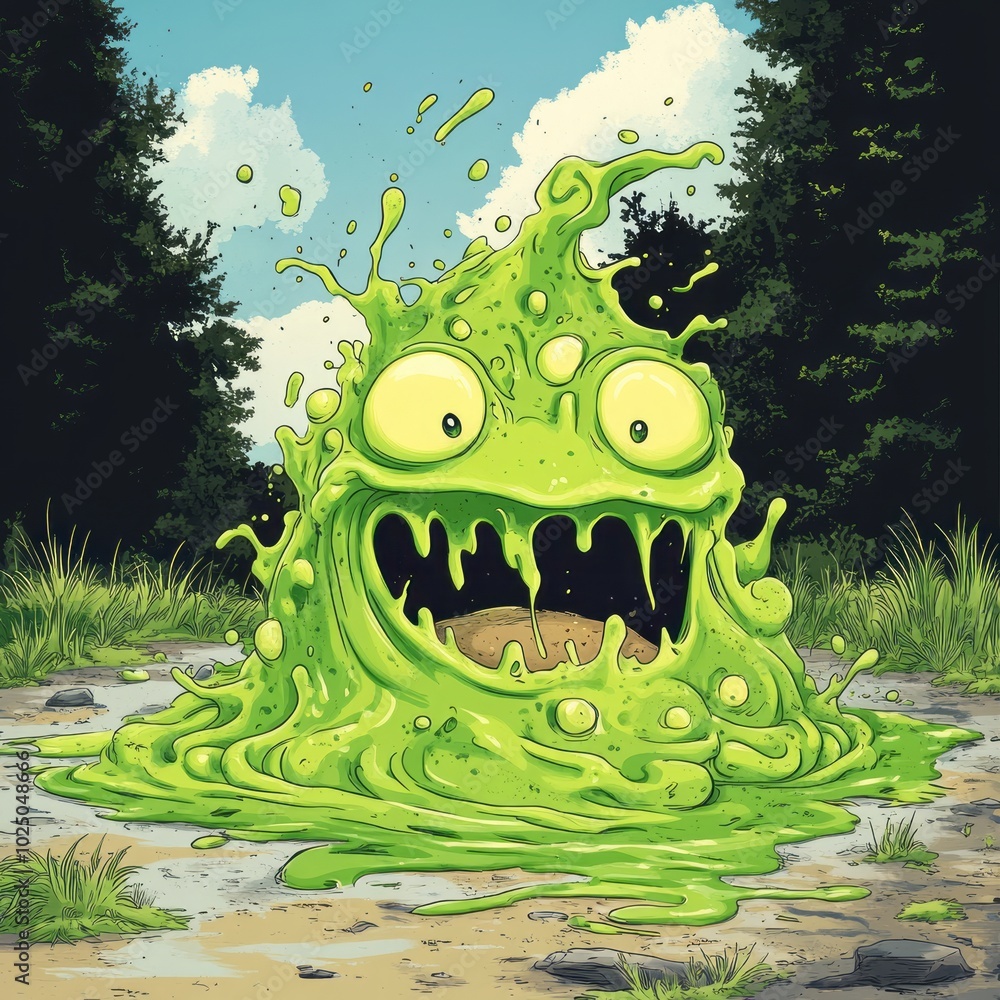 Slime Monster Emerges from Puddle Cartoon Vector Illustration Stock ...