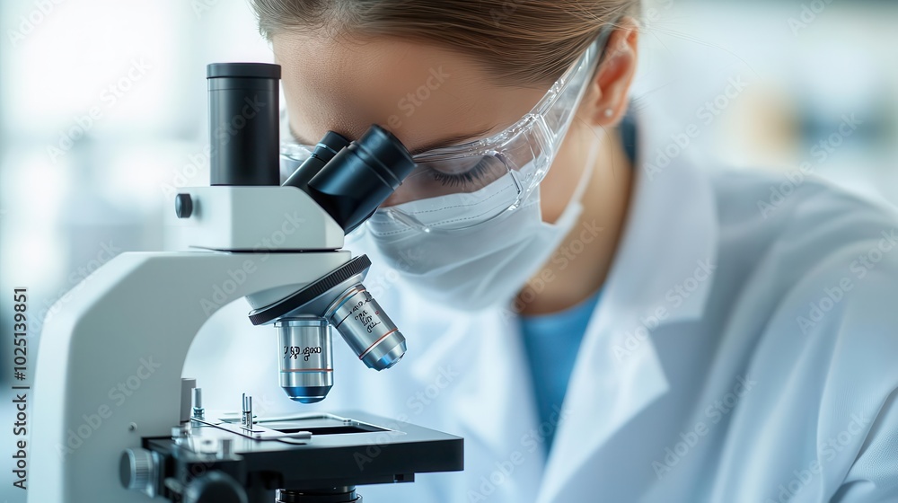 Lab technician analyzing drug reactions under a microscope in a high ...
