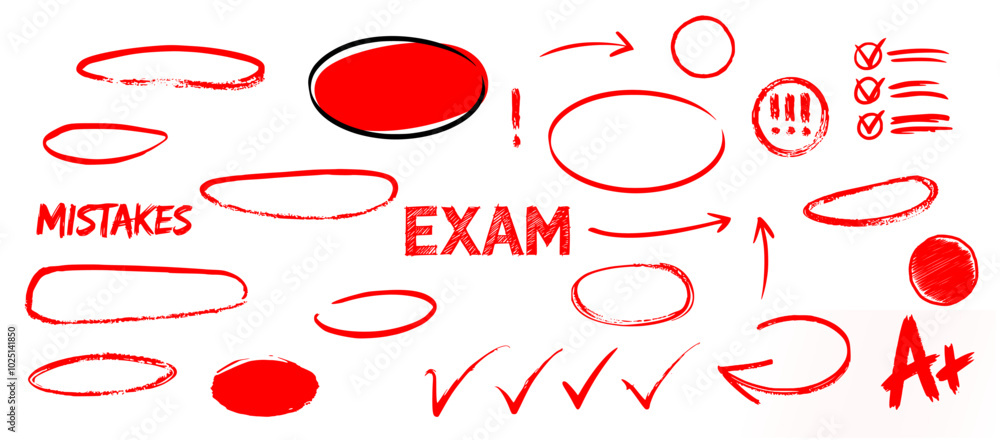 hand drawn oval or circles set highlighting mistakes. exam elements set ...