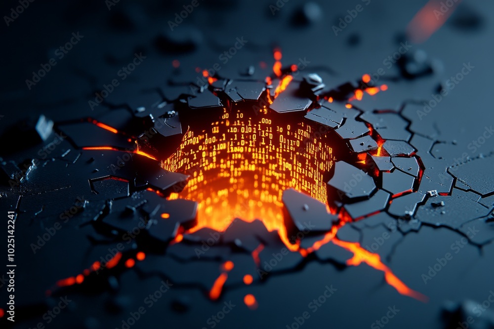 Ilustración de Stock Firewall breach is depicted as a glowing 3D ...
