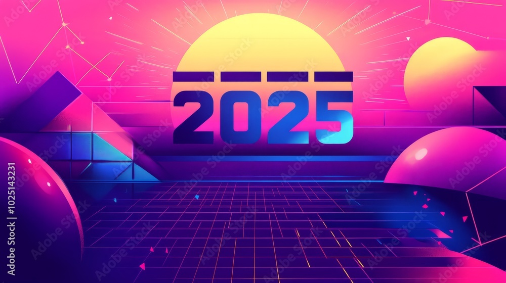 Retro 2025: A vibrant neon sunrise explodes over a futuristic cityscape ...