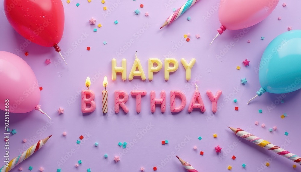 Happy Birthday candles and other stuff on Solid purple color background ...