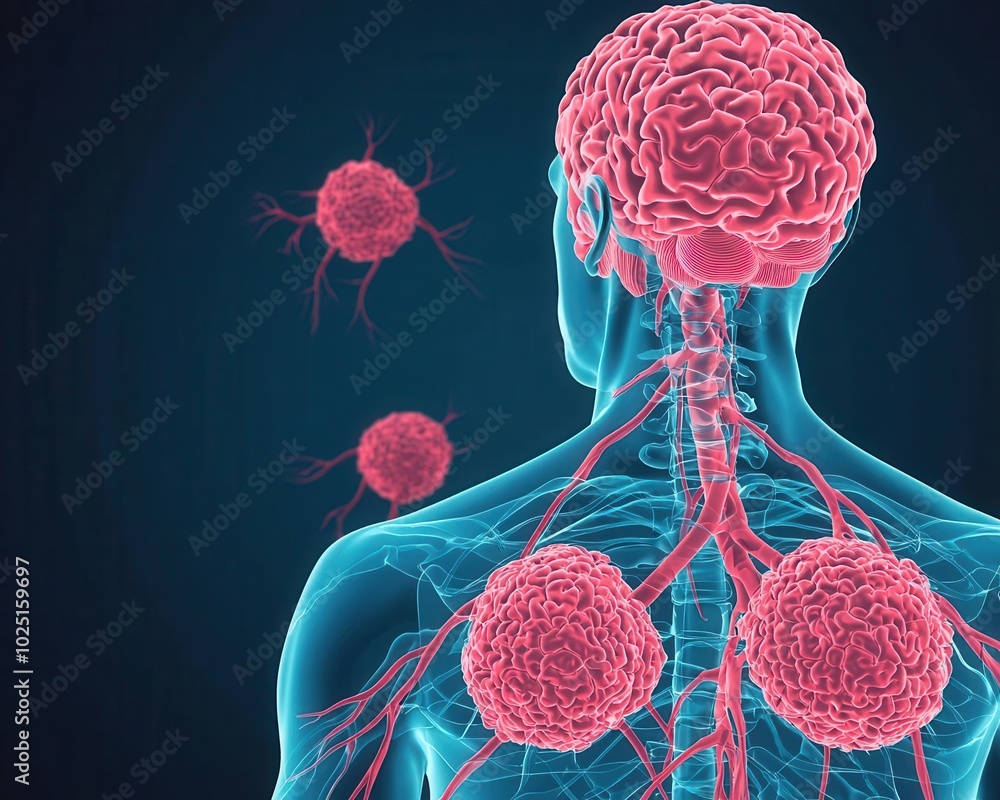 Lymphatic system map with highlighted cancer nodes, clean 3D style ...