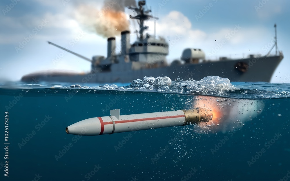 Torpedo launched underwater. Naval warfare and military attack Stock ...