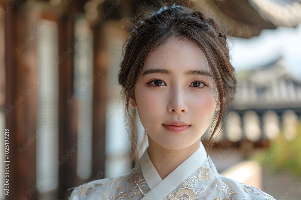 Elegant portrait of a young Korean woman in traditional Hanbok, posing ...