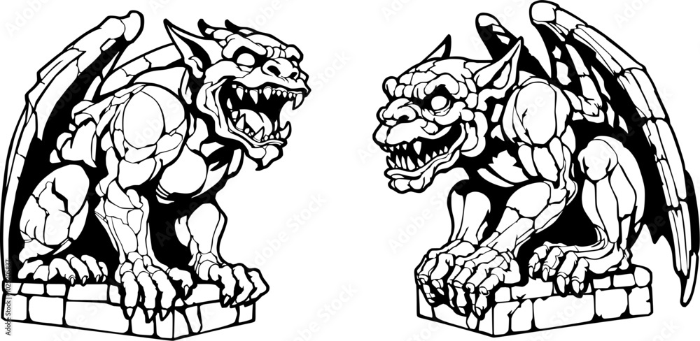 a pair of stone gargoyles standing opposite each other Stock Vector ...