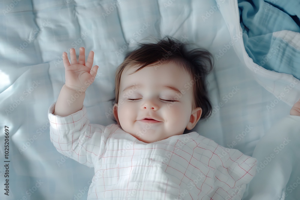Baby girl peacefully sleeping on a bed, smiling softly, waving her hand ...