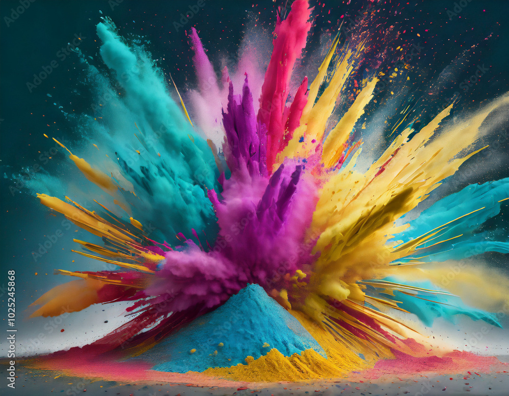 Vibrant burst of colored powders creates a stunning visual effect in an ...