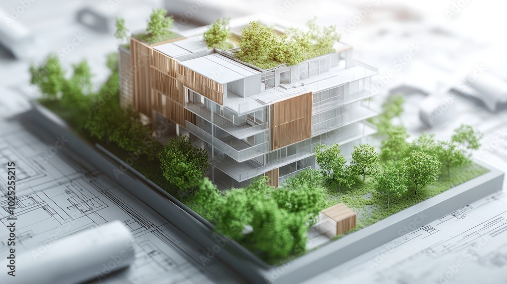 Architectural model of a modern building with green roof and trees, on ...