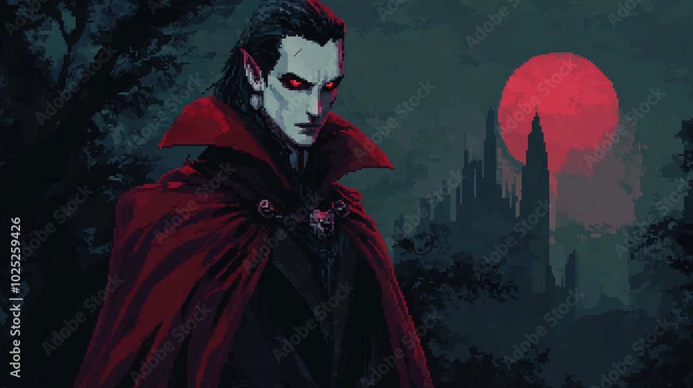 pixelated 2D game character portrait of a gothic vampire with pale skin ...