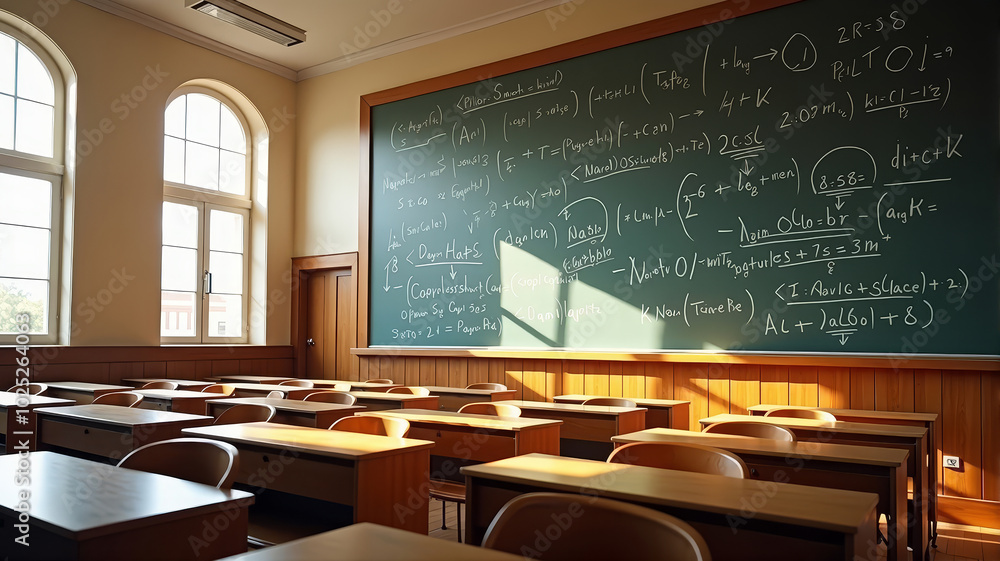 Empty lecture hall or conference room with rows of wooden desks and ...