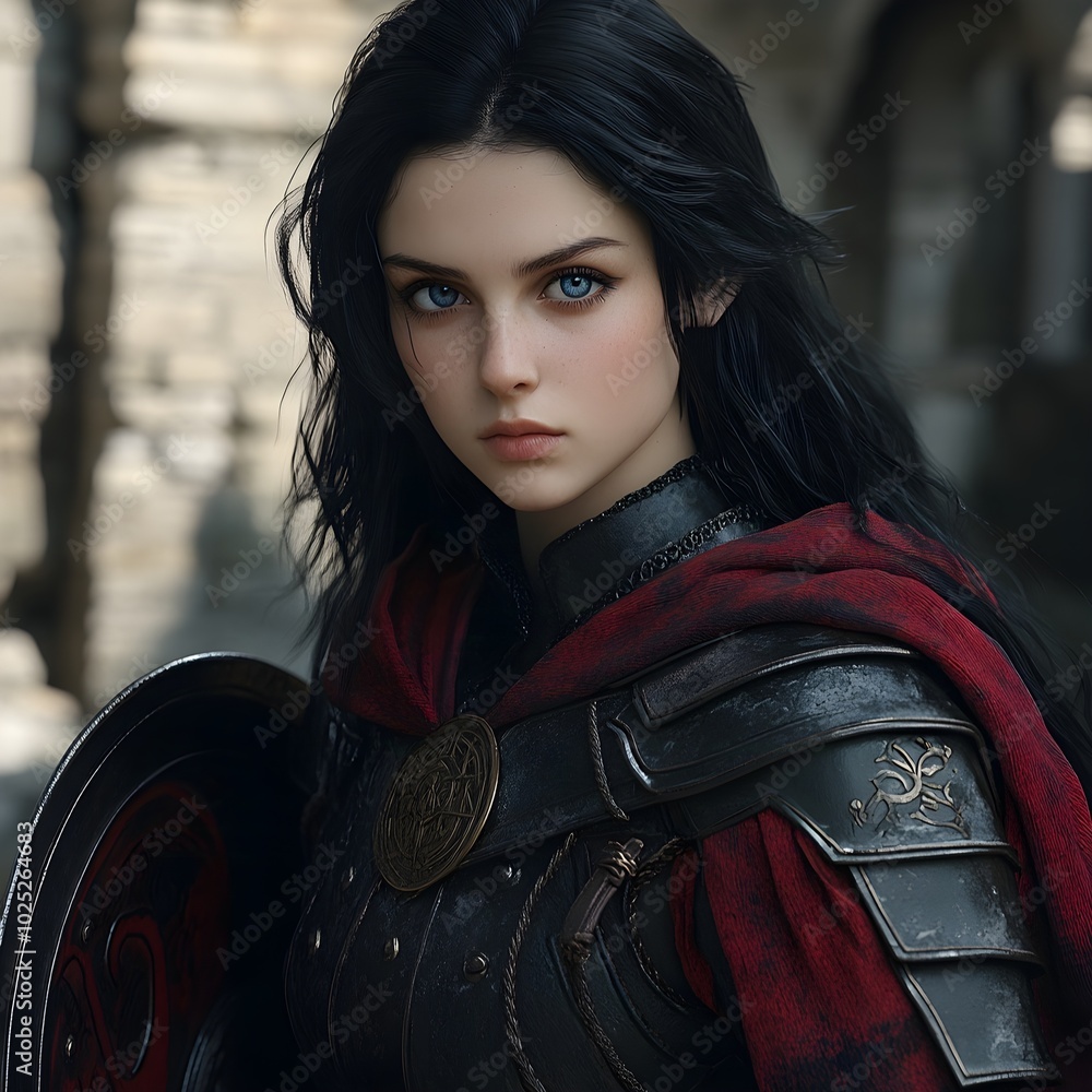 A beautiful human woman warrior. She is styled as a wizard, with black ...